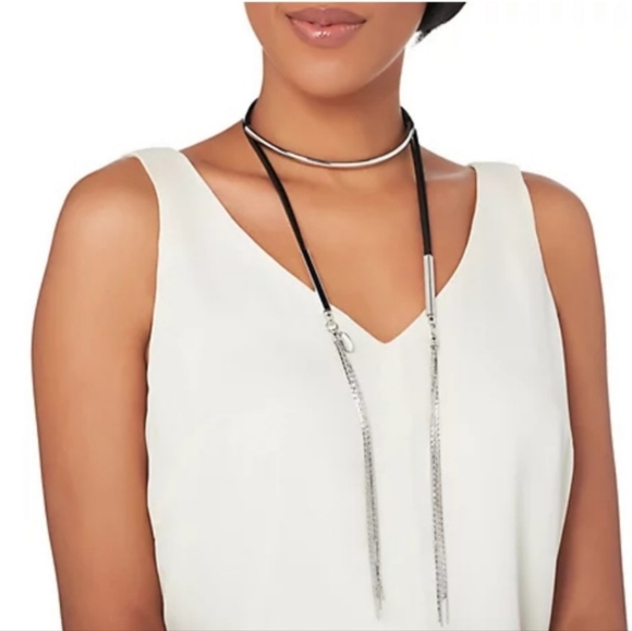 cara | Jewelry | Cara Faux Leather And Silver Lariat Necklace | Poshmark